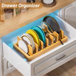 Kiasthome Bamboo Pot and Pan Organizer, Pot Lid Organizer Holder Rack for Countertop Drawer, Kitchen Cabinet Organizer with 7 Adjustable Dividers for Pots, Pans, Baking Sheets, Cutting Boards, Nature