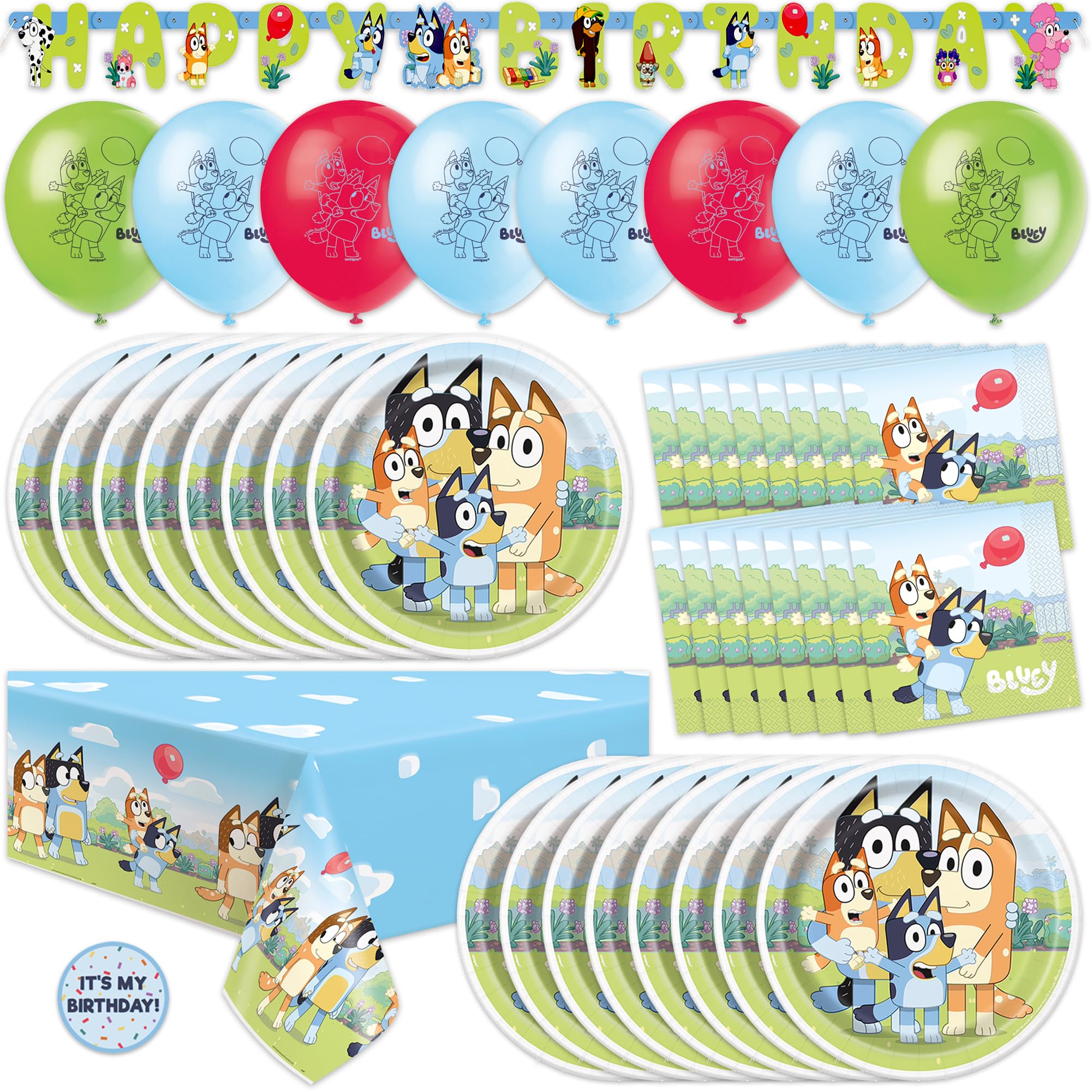 Unique Bluey Birthday Decorations and Supplies | Serves 16 Guests | Bluey Banner, Bluey Tablecloth, Bluey Balloons, Bluey Plates and Napkins, Sticker | Bluey Party Decorations | Officially Licensed