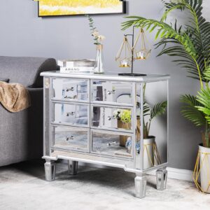 bonnlo mirrored dresser 6 mirrored drawers, mirrored cabinet, glass mirror dresser for bedroom with 6 storage drawer modern chest of drawers, silver, 32”l x 12”w x 28”h