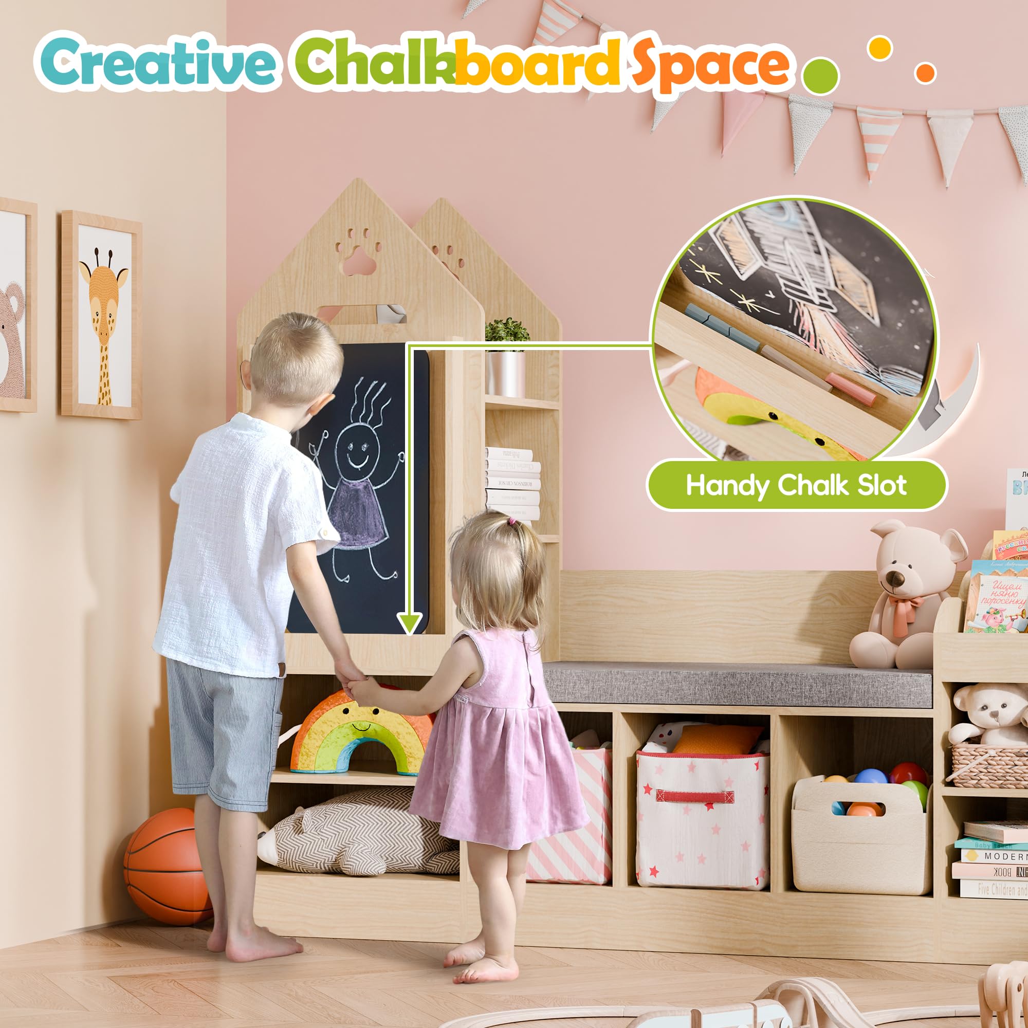 MU Kids Bookshelf with Reading Nook, Wooden Toy Storage Organizer with Chalkboard and Bench, Kids Reading Nook for Boys & Girls, Toddler Toy Shelf for Bedroom, Nursery, Playroom, Natural Oak