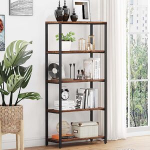 vketu tall bookshelf, 5 tier etagere bookcase, free standing open book shelves, rustic industrial bookshelf with metal frame, storage display shelf for bedroom home office living room (brown)