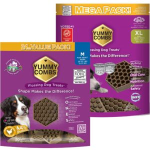 yummy combs - dog dental treats | removes tartar - vet vohc approved | a yummy treat for teeth cleaning - chicken protein | medium 24oz and extra large 36oz