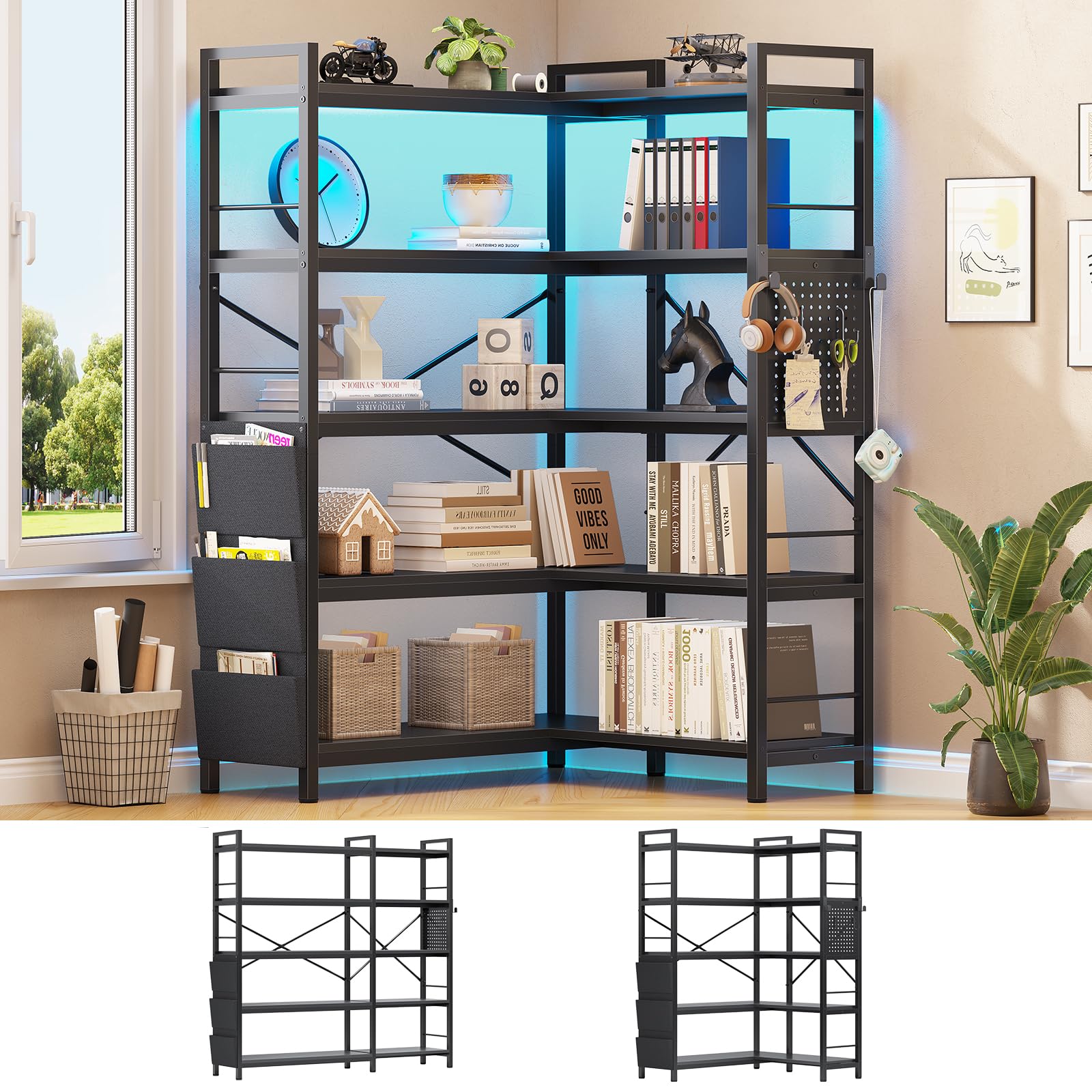 SEDETA 5 Tier Corner Bookshelf, Modern Corner Bookcase, Convertible Bookshelf with Storage Bag, Pegboard & LED Light, Tall Bookshelves for Bedroom, Living Room and Home Office, Black