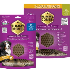 yummy combs - dog dental treats | removes tartar - vet vohc approved | a yummy treat for teeth cleaning - chicken protein | medium 12oz and extra large 24oz