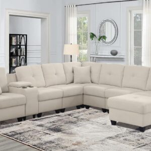 Ball & Cast 127" Convertible Sectional Sofa Couch with Removable Ottoman and Cup Holder,6 Seat Modular Living Room Furniture Sets with 2 Pillows & USB Port,for Lounge,Apartment,Beige