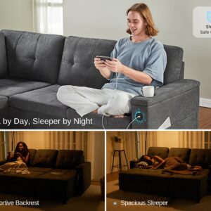 PaPaJet Sleeper Sofa Bed, 110 Inch Oversized Sofa with 2 USB Charging Ports & Cup Holders, U Shaped Pull Out Couch with Storage Chaise & 3 Seater- Dark Grey