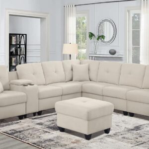 Ball & Cast 127" Convertible Sectional Sofa Couch with Removable Ottoman and Cup Holder,6 Seat Modular Living Room Furniture Sets with 2 Pillows & USB Port,for Lounge,Apartment,Beige