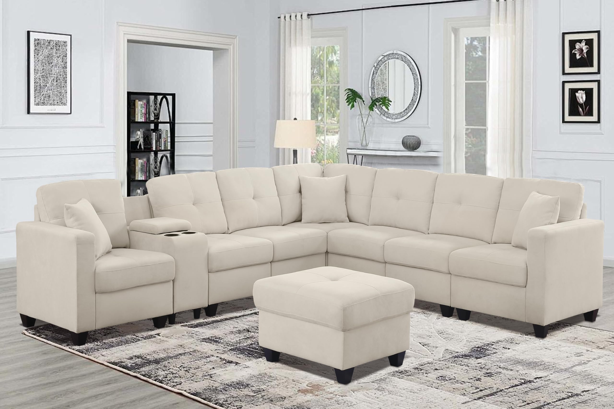 Ball & Cast 127" Convertible Sectional Sofa Couch with Removable Ottoman and Cup Holder,6 Seat Modular Living Room Furniture Sets with 2 Pillows & USB Port,for Lounge,Apartment,Beige