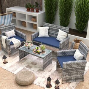 poteban wide armrest outdoor patio furniture set,4 pieces rattan sectional sofa with tempered glass coffee table and cushions for family gatherings,balcony pool, garden(grey/navy blue)