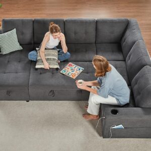 PaPaJet Sleeper Sofa Bed, 110 Inch Oversized Sofa with 2 USB Charging Ports & Cup Holders, U Shaped Pull Out Couch with Storage Chaise & 3 Seater- Dark Grey