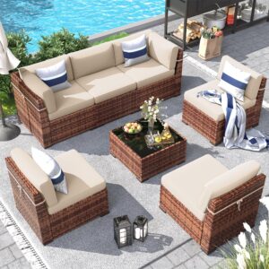 patio furniture set, 7 pieces outdoor modular conversation set wicker sectional sofa for all weather rattan patio couch for porch garden backyard balcony poolside (khaki)