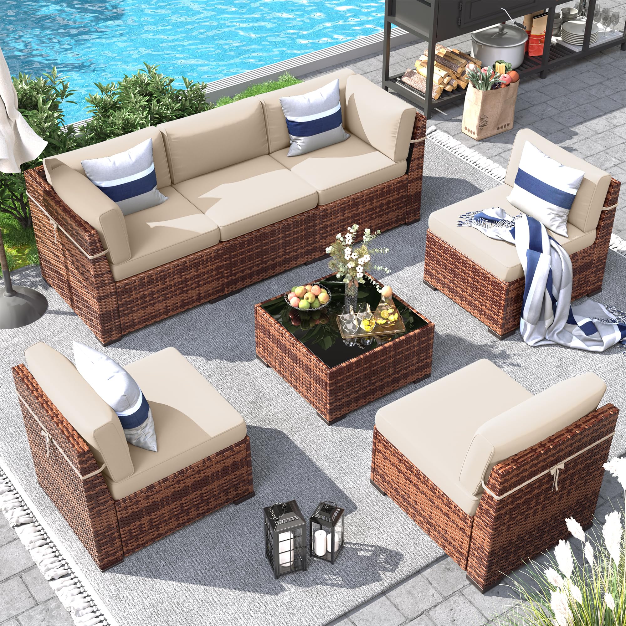 Patio Furniture Set, 7 Pieces Outdoor Modular Conversation Set Wicker Sectional Sofa for All Weather Rattan Patio Couch for Porch Garden Backyard Balcony Poolside (Khaki)