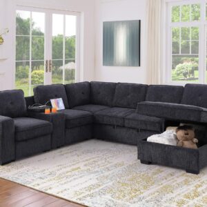 Ball & Cast 120" Sofa Bed with Pull Out Storage,5 Seat Sectional Couch with Cup Holder & USB Port,2 in 1 Design,for Living Room,Lounge,Apartment,Dark Grey