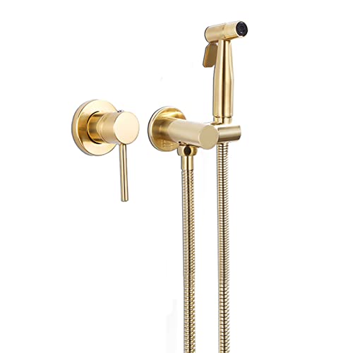 MINJING Handheld Toilet Bidet Sprayer, Brushed Gold Bidet Attachment Set, Bathroom Toilet Concealed Bidet Shower Set, Solid Brass Hot and Cold Bidet Faucet