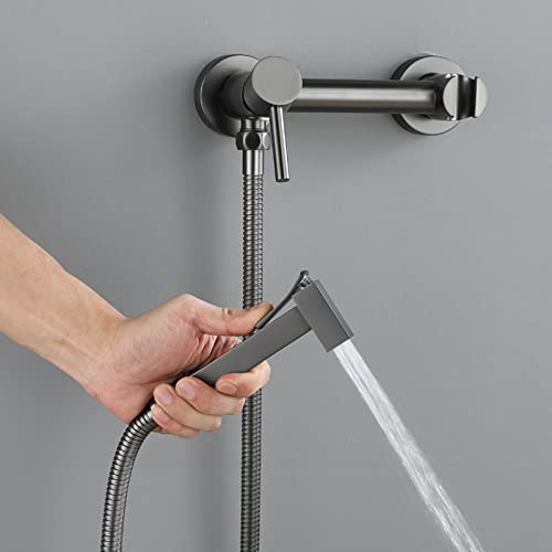 MINJING Wall Mounted Toilet Shower Spray Mixer Set Grey Hand Held Sprayer Toilet Attachment Hot and Cold Single Handle Bidet Sprayer Kit for Toilet for Bathroom,Spring Hose