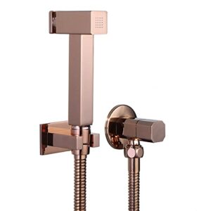 minjing handheld toilet bidet sprayer with pushing button, rose gold bathroom shower set, solid brass bidet faucet for cold water, wall mount square cloth diaper sprayer,b set