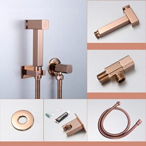 MINJING Handheld Toilet Bidet Sprayer with Pushing Button, Rose Gold Bathroom Shower Set, Solid Brass Bidet Faucet for Cold Water, Wall Mount Square Cloth Diaper Sprayer,B Set