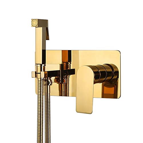 MINJING Handheld Bidet Sprayer Set, Bathroom Toilet Concealed Shower Attachment Set, Solid Brass Hot and Cold Bidet Faucet, Single Handle Cloth Diaper Sprayer, Titanium Gold,A