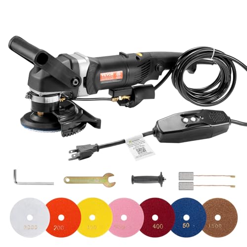 VEVOR Wet Polisher 800W, 4" Concrete Grinder with 6 Variable Speed and 7 Polishing Kits, Wet Grinder Machine for Marble, Granite, Stone, Rock, Tile, Equipped with a GFCI Switch, (700-3000 RPM)