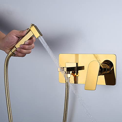 MINJING Handheld Bidet Sprayer Set, Bathroom Toilet Concealed Shower Attachment Set, Solid Brass Hot and Cold Bidet Faucet, Single Handle Cloth Diaper Sprayer, Titanium Gold,A