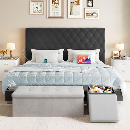 YITAHOME King Velvet Bed Frame with 53" Tall Headboard,Upholstered Platform Bed with 2 USB C/A, Button Tufted Velvet Headboard,No Box Spring Needed,Noise-Free (Black, King)