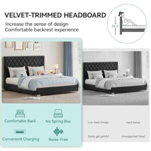 YITAHOME King Velvet Bed Frame with 53" Tall Headboard,Upholstered Platform Bed with 2 USB C/A, Button Tufted Velvet Headboard,No Box Spring Needed,Noise-Free (Black, King)