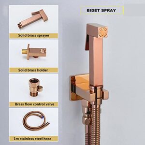 MINJING Handheld Toilet Bidet Sprayer, Solid Brass Square Shower Douche Kit, Wall Mount Bathroom Bidet Faucet, Adjustable Water Pressure Control Cloth Diaper Sprayer,Titanium Gold,1.5m Hos