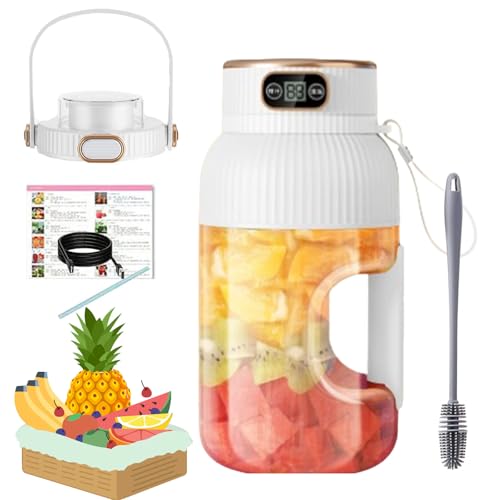 LXINYE Multifunctional Portable Juicer Cup With Digital Display, Portable Smoothie Blender on the Go With Direct Drinking Lid, Usb Rechargeable Mini Portable Juicer (White+Double lid)