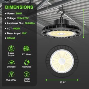 ZGDZ LED UFO High Bay Light, 240W Highbay LED Shop Light, 36,000 Lumens Super Bright, 5000K, 0-10V Dimmable, 5' Cable Plug, Industrial Grade, ETL Listed