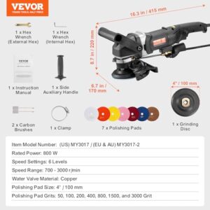 VEVOR Wet Polisher 800W, 4" Concrete Grinder with 6 Variable Speed and 7 Polishing Kits, Wet Grinder Machine for Marble, Granite, Stone, Rock, Tile, Equipped with a GFCI Switch, (700-3000 RPM)