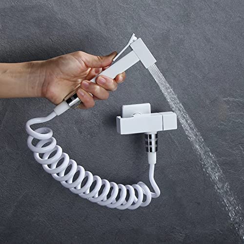 MINJING Handheld Bidet Sprayer Kit White, Solid Brass Body Cloth Diaper Sprayer for Toilet, Wall Mount Bathroom Douche Kit, Single Cold Bidet Faucet for Personal Hygiene