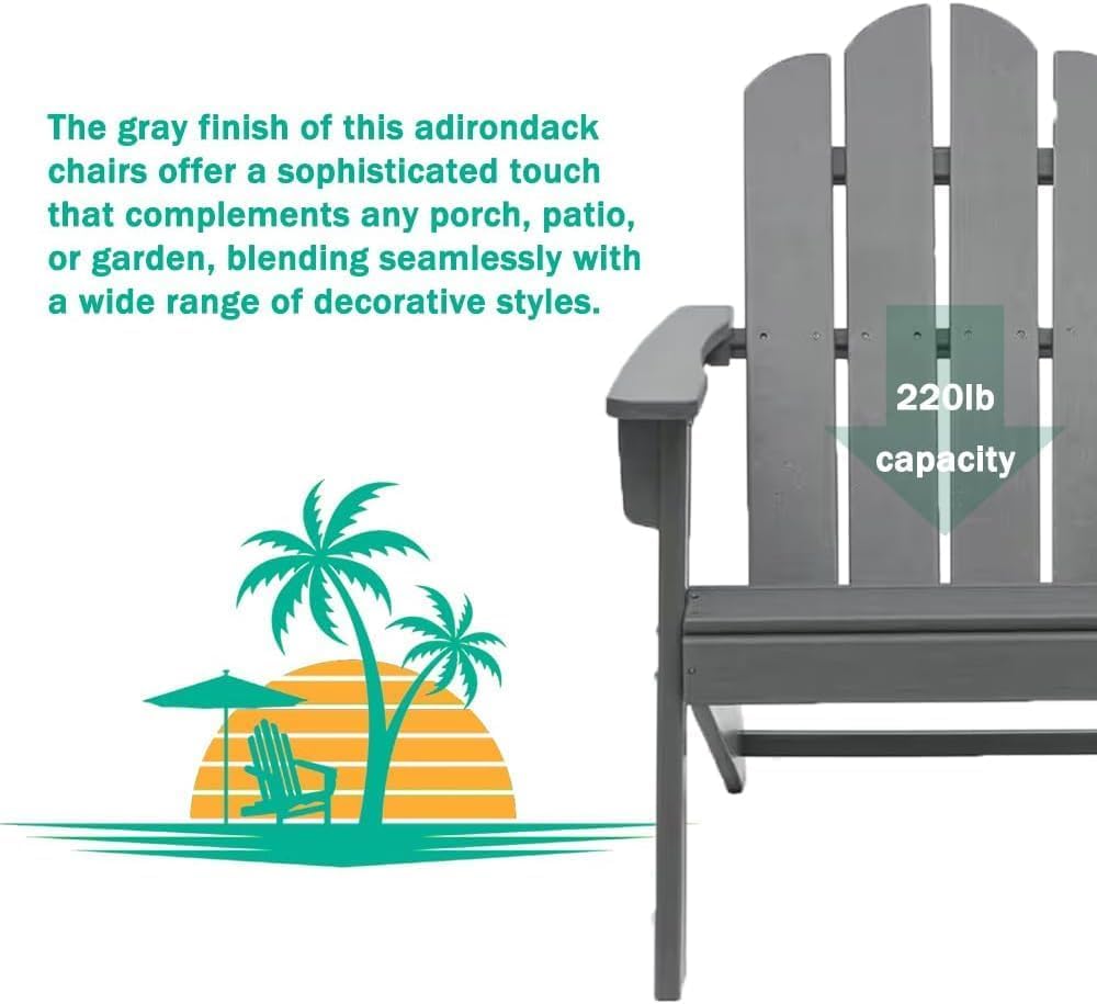 ENGERIO Adirondack Chair Plastic HDPE All Weather Resistant, Patio Chairs, Looks Exactly Like Real Wood, Widely Used in Outdoor, Fire Pit Deck, Outside Garden Campfire (Gray)