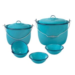 cinsa pozole making set (8 pieces) 14 and 8 quarts enameled steel stock pots with lid, 4x bowls 17 oz, multi use pots, turquoise blue