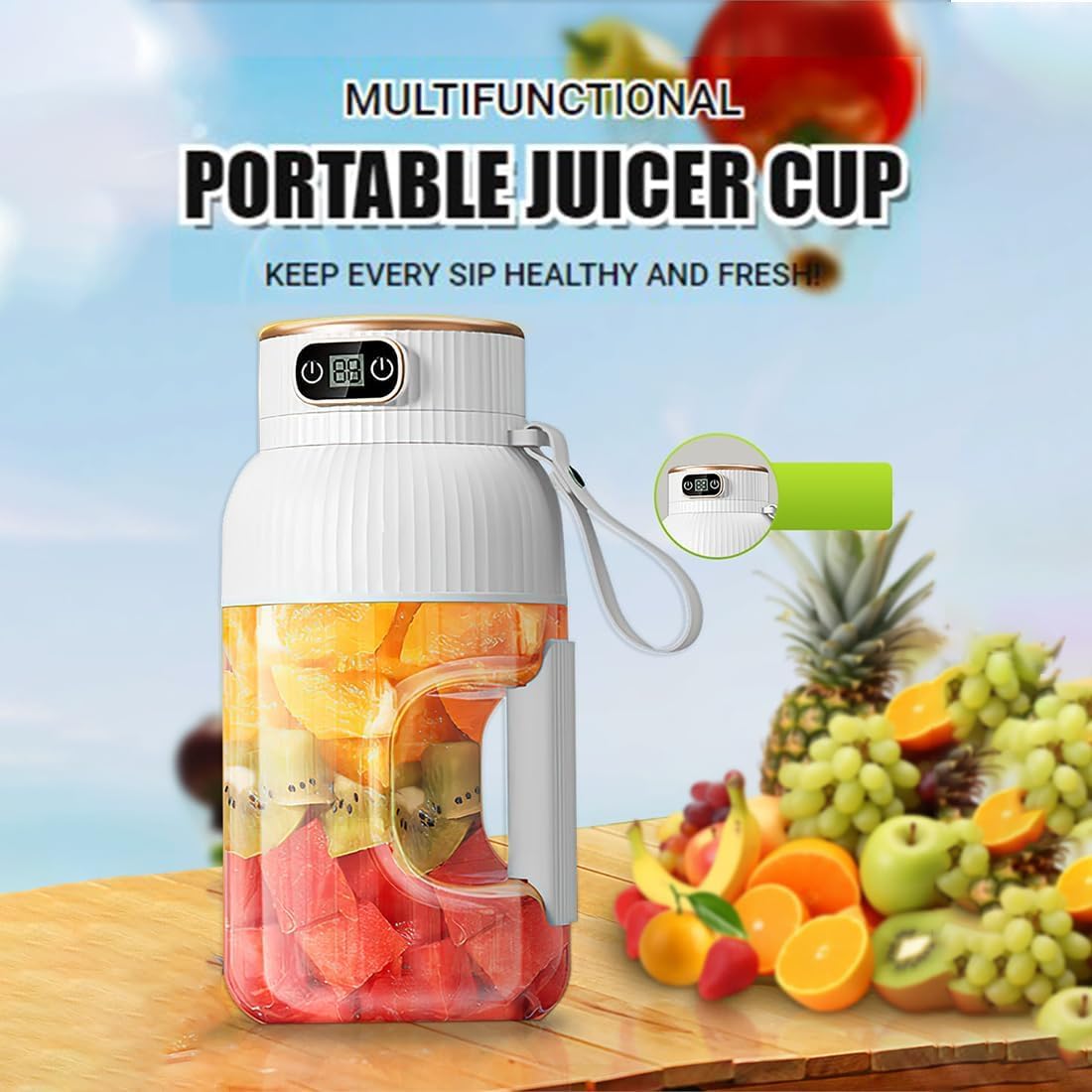 Multifunctional Portable Juicer Cup With Digital Display, 3 in 1 Personal Juice Cup Blender Rechargeable with Direct Drinking Lid, Smoothie Blender on the Go, for Gym/Travel/Kitchen (1200ML,Green)