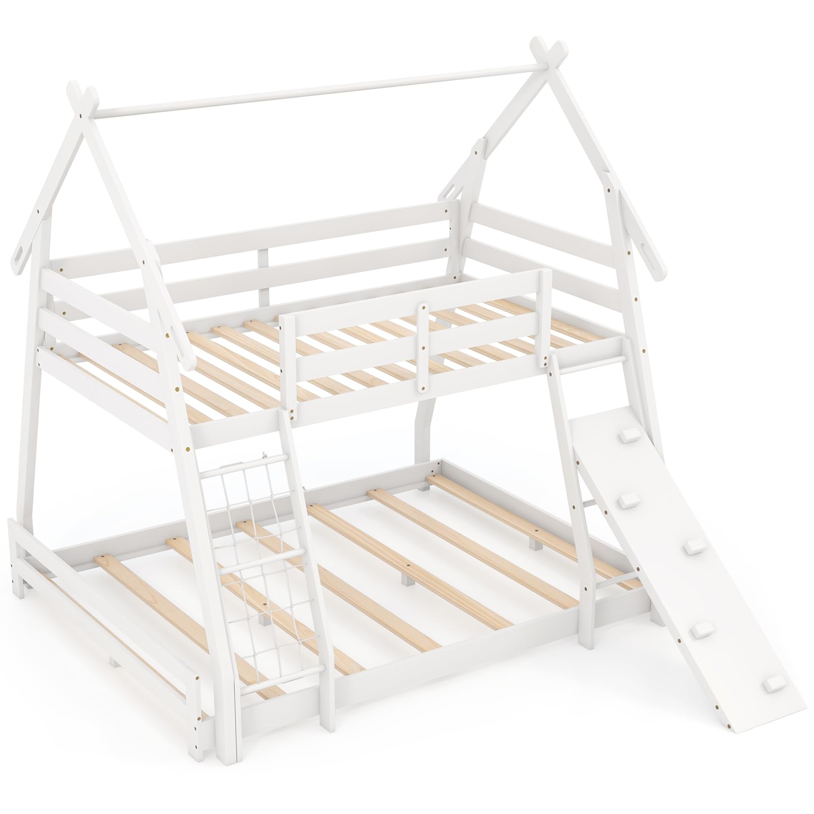 Costzon Twin Over Queen Bunk Bed, House Shaped Bed Frame with Climbing Nets and Ramp, Safety Guardrail, No Box Spring Needed, Wooden Kids Bed for Boys Girls (White, Twin Over Queen)