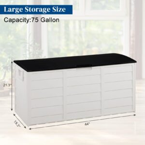 VINGLI 75 Gallon Resin Outdoor Deck Box, 75 Gallon Patio Storage Box with Side Handles, Lockable Storage Containers for Patio Furniture Cushions, Pool Accessories, Garden Tools, White