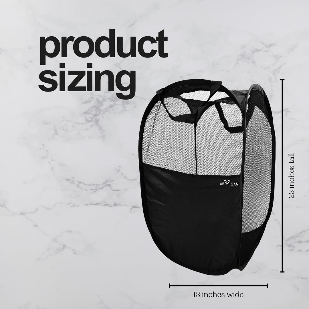 Kevvigan Collapsible Mesh Laundry Basket Foldable Storage Hamper Breathable Nylon With Side Pocket (Black)