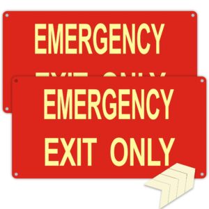 (2pack) photoluminescent emergency exit sign red, glow in the dark aluminum exit sign - adhesive backing - 4pcs removable arrows included - 14.25 x 7.5 inches - non electrical exit sign