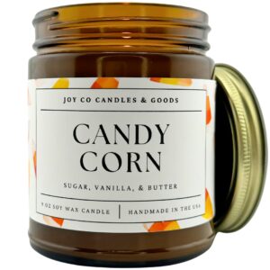 candy corn scented candle, sugar, vanilla, & butter scent, 100% soy wax 9 oz candle, 50 hour burn time, recyclable amber glass jar, made in the usa, joy co candles & goods, fall décor, halloween decor