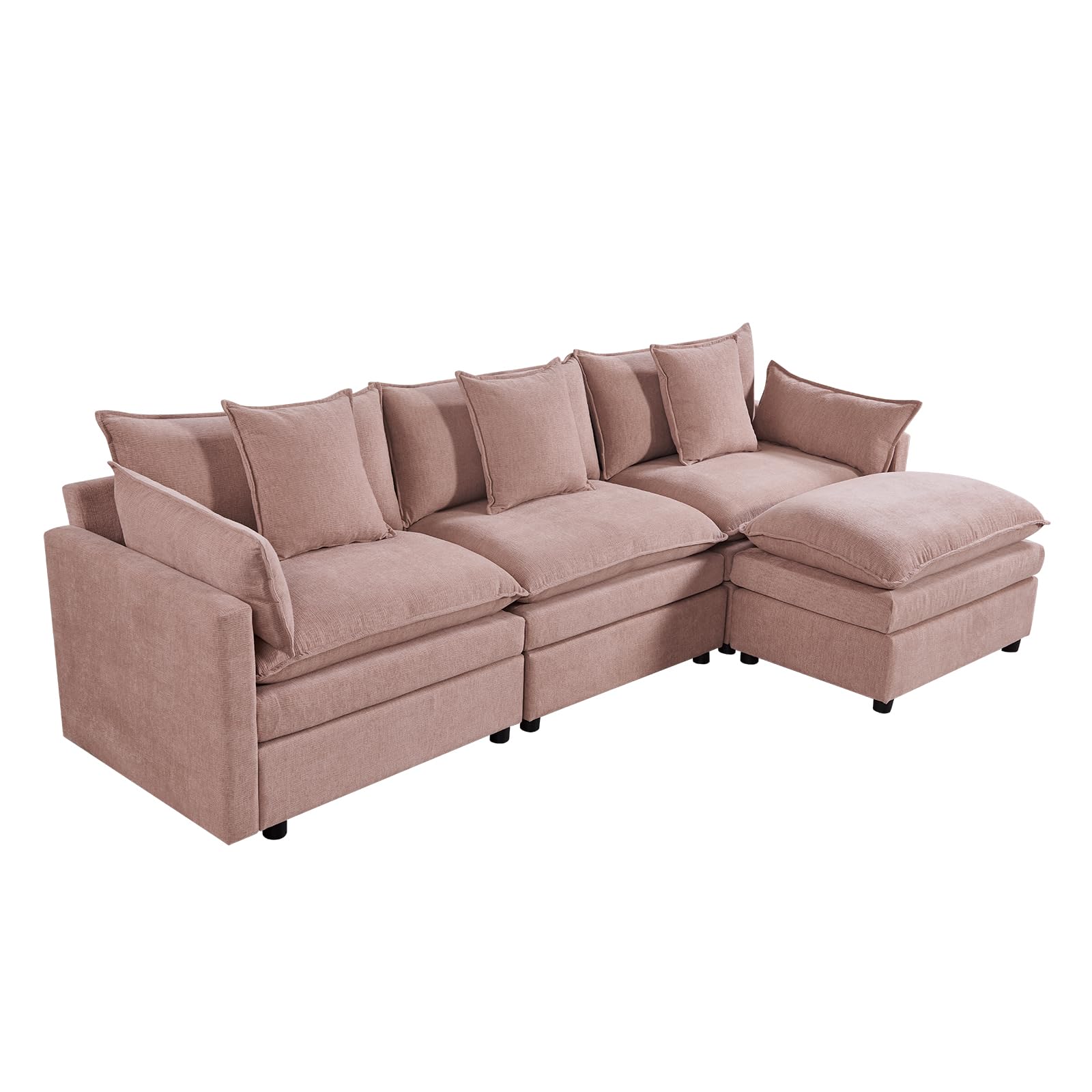 Oversized Modular Sectional Sofa with Ottoman, 108.66" Wide Chenille Cloud Couch, Comfy Upholstered Furniture Sofa Set for Living Room, Apartment, Studio, Office-Shell Pink