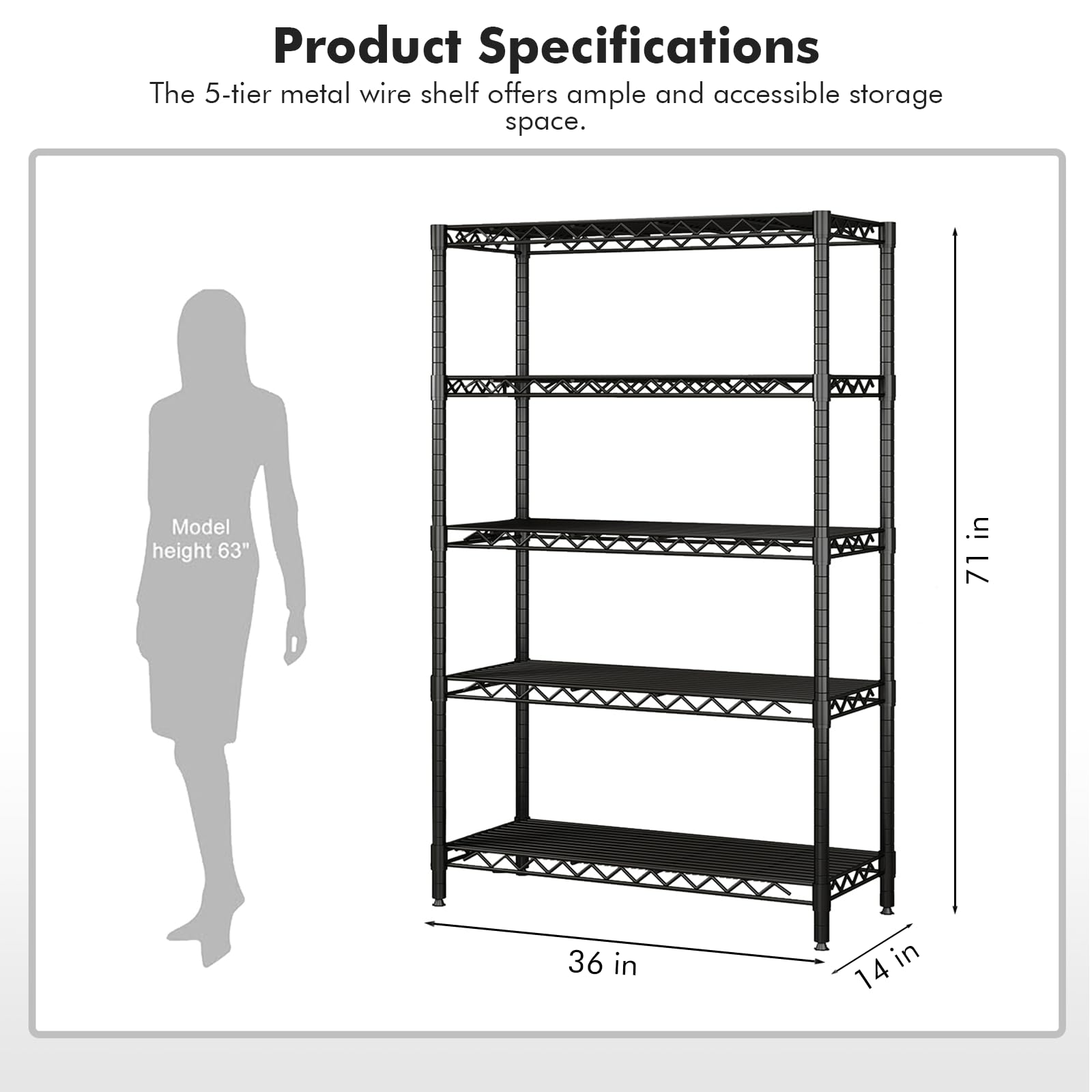 Qiaoxuan 5 Wire Shelving Utility Storage Shelf, Adjustable Heavy Duty Storage Shelving Unit, Metal Organizer Wire Rack, Standing Shelf for Laundry Bathroom Kitchen Garage (36" X 14" X 71")