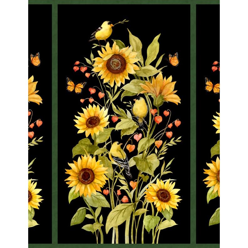 Wilmington Prints Sunflower Splendor 24-7/8" Sunflower and Goldfinch Panel Black, Fabric by The Panel