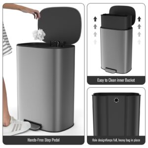 Ufurpie Thickened Stainless Steel Trash Can 13 Gallon with Foot Pedal, Oval Large Trash Can with Soft Close Lid, Garbage Can with 30 Garbage Bags for Kitchen, Bathroom, Commercial, Home, Office