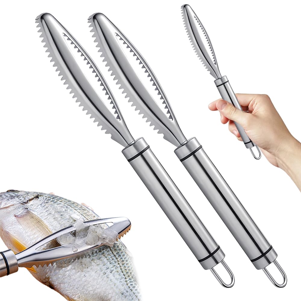 Manual Fish Scraping Kitchen Tools, 2024 Upgraded Multifunctional Handheld Fish Scale Remover Fish Fish Scraper, Stainless Steel Sharp Durable Fish Scale Remover for Home and Kitchen (2PCS)