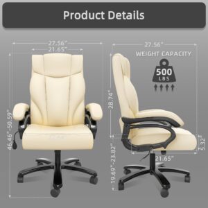 500LBS High Back Executive Chair - Ergonomic Big and Tall Office Chair with Metal Base & Arms, Leather Lumbar Support, Reclining Comfort Chair (White)