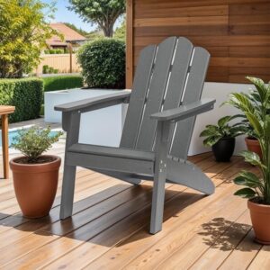 ENGERIO Adirondack Chair Plastic HDPE All Weather Resistant, Patio Chairs, Looks Exactly Like Real Wood, Widely Used in Outdoor, Fire Pit Deck, Outside Garden Campfire (Gray)