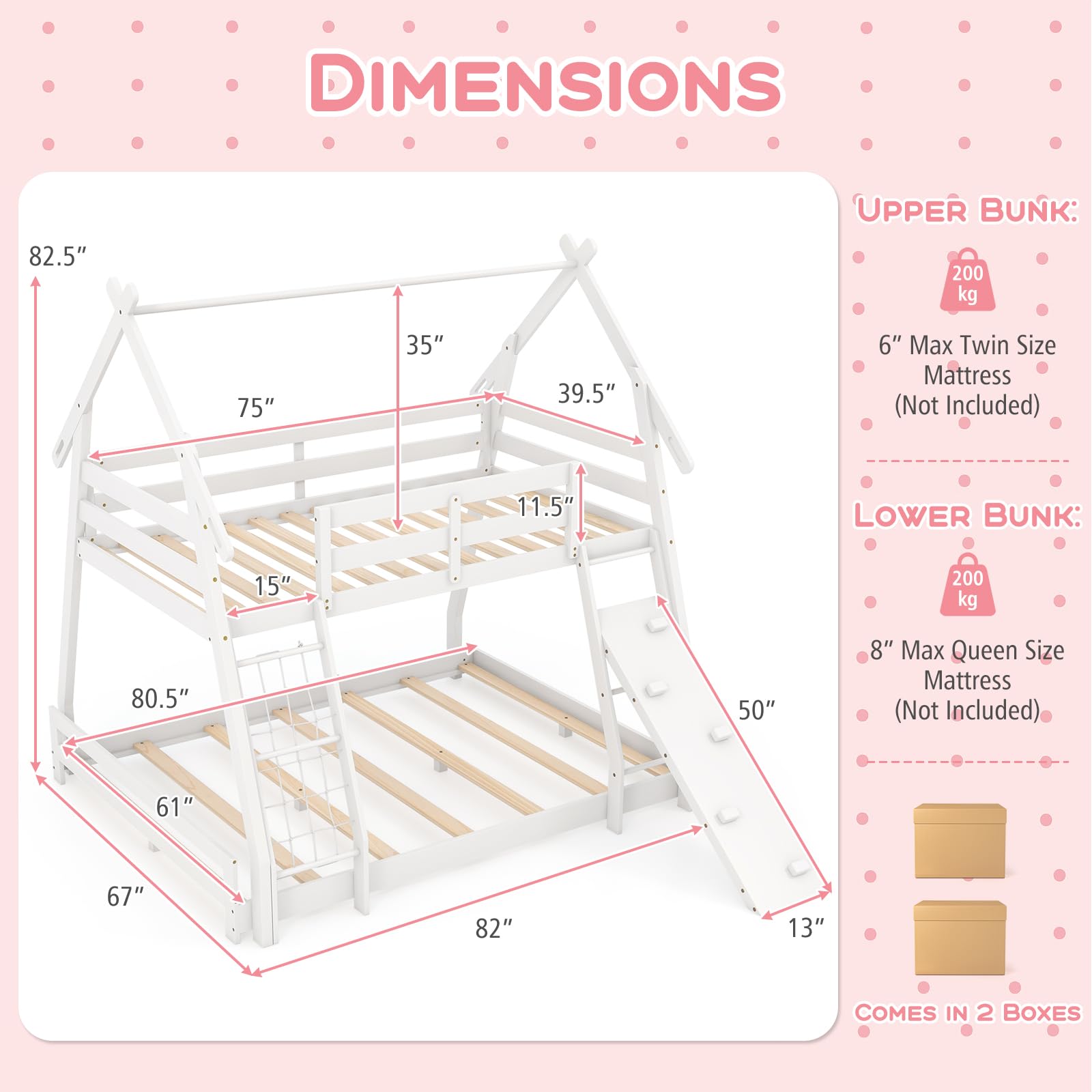 Costzon Twin Over Queen Bunk Bed, House Shaped Bed Frame with Climbing Nets and Ramp, Safety Guardrail, No Box Spring Needed, Wooden Kids Bed for Boys Girls (White, Twin Over Queen)