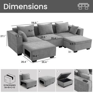 Chenille Modular Sectional Sofa with Storage U Shaped and Cat Hole Modular Sofa Sectional Couch for Living Room, Grey