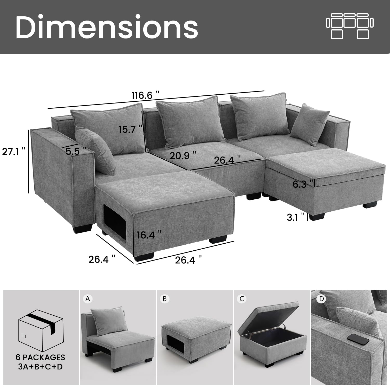 Chenille Modular Sectional Sofa with Storage U Shaped and Cat Hole Modular Sofa Sectional Couch for Living Room, Grey