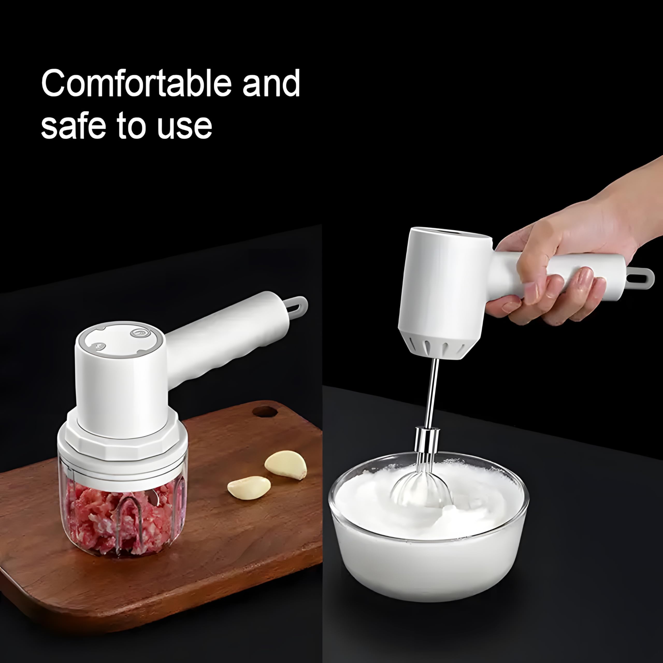 2 in 1 Multifunction Cordless Electric Food Processor & Hand Mixer For Meat, Spices, Fruits and Vegetable Chopper, USB Rechargeable, White